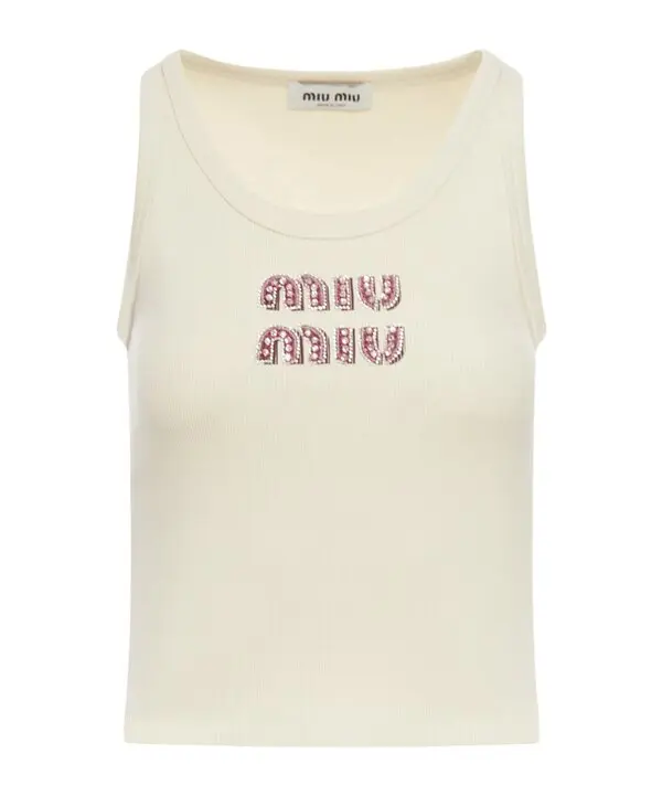 Miu Miu Ribbed Jersey Tank Top With Embroidered Logo - Nude