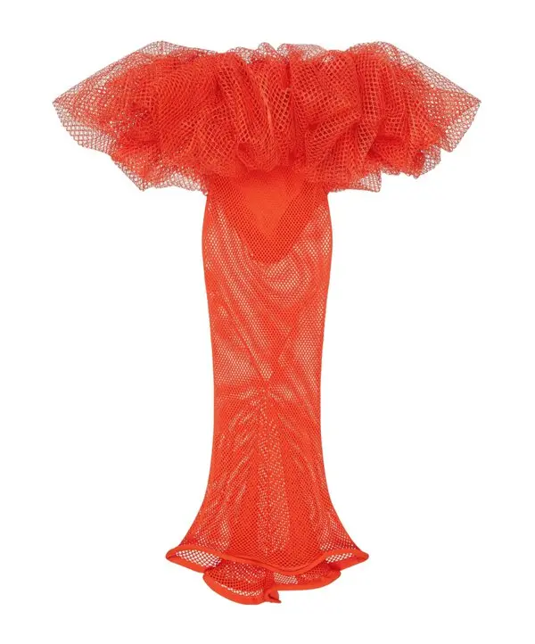 Givenchy Long Ruffled Dress In Mesh - Orange