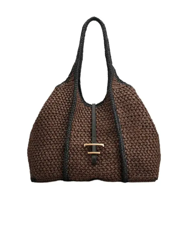 TOD'S T Timeless Large Raffia Shoulder Bag - Black