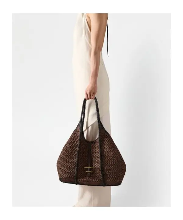 TOD'S T Timeless Large Raffia Shoulder Bag