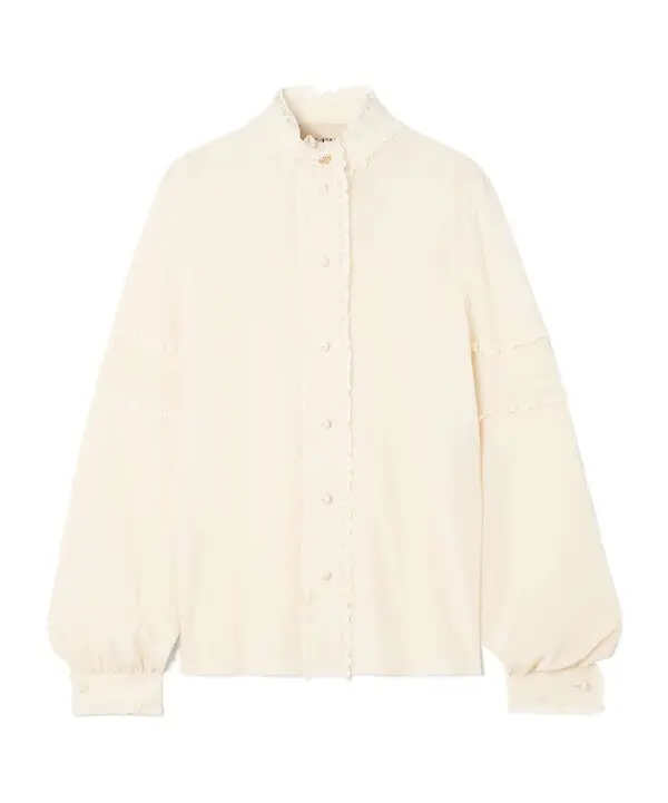 Valentino Garavani Crepe De Chine Shirt With Band Collar And Long Sleeves - Cream