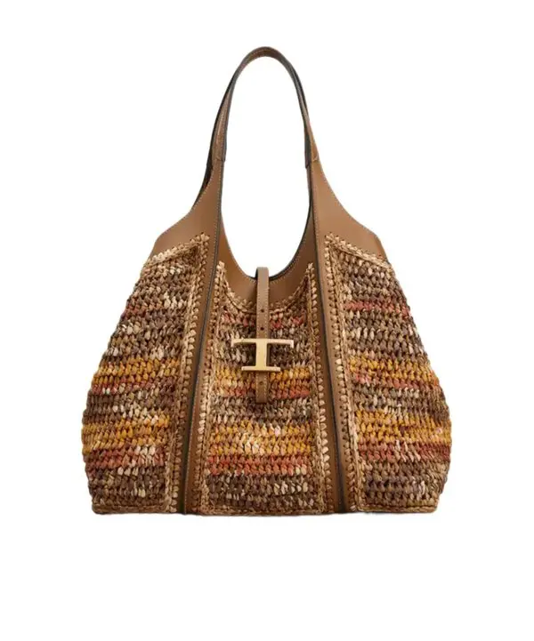 TOD'S T Timeless Shopping Bag In Leather And Raffia Medium - Brown