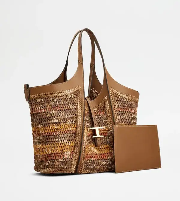 TOD'S T Timeless Shopping Bag In Leather And Raffia Medium
