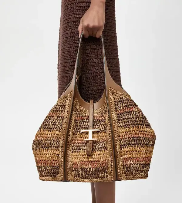 TOD'S T Timeless Shopping Bag In Leather And Raffia Medium
