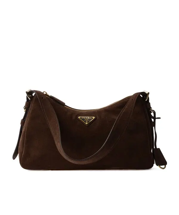 Prada Aimée Medium Suede Shoulder Bag - Dark Brown