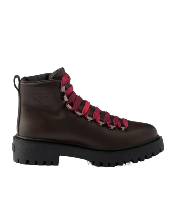 Prada Leather Lace-up Booties - Teak