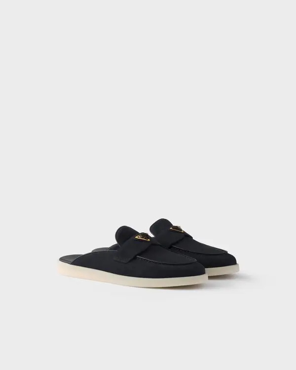 Prada Nubuck Mules With Enameled Triangle Logo - Navy Blue
