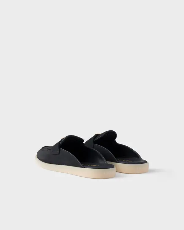 Prada Nubuck Mules With Enameled Triangle Logo - Navy Blue
