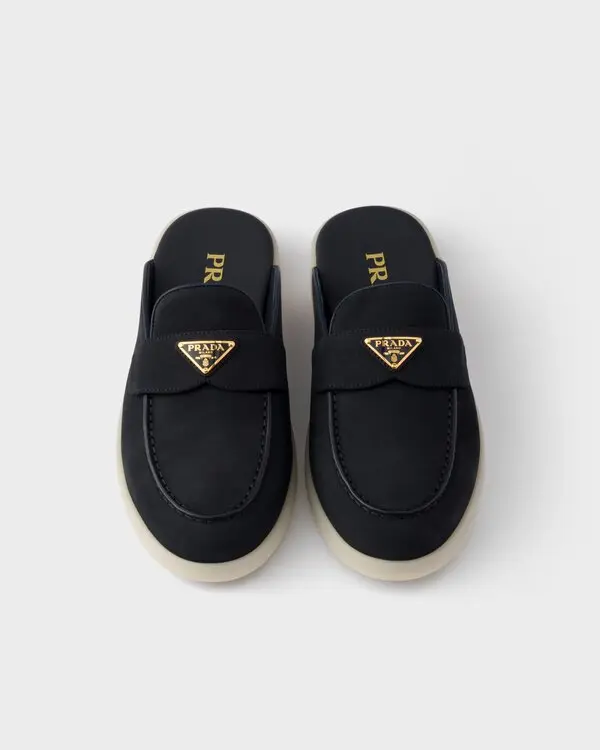 Prada Nubuck Mules With Enameled Triangle Logo - Navy Blue