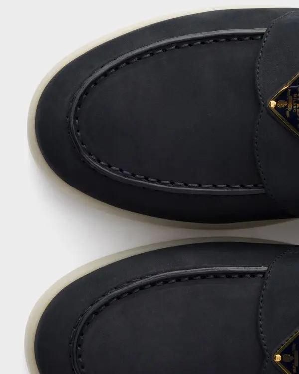 Prada Nubuck Mules With Enameled Triangle Logo - Navy Blue