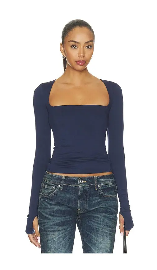 AFRM Ines Knit Crepe Top In Navy - Black Iris