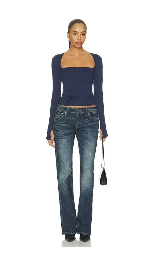 AFRM Ines Knit Crepe Top In Navy