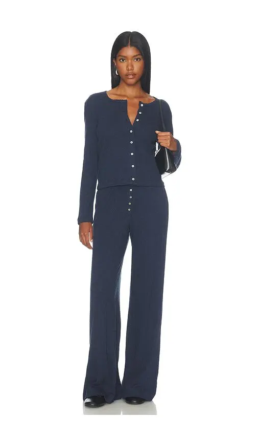 LESET Pointelle Classic Cardigan In Navy
