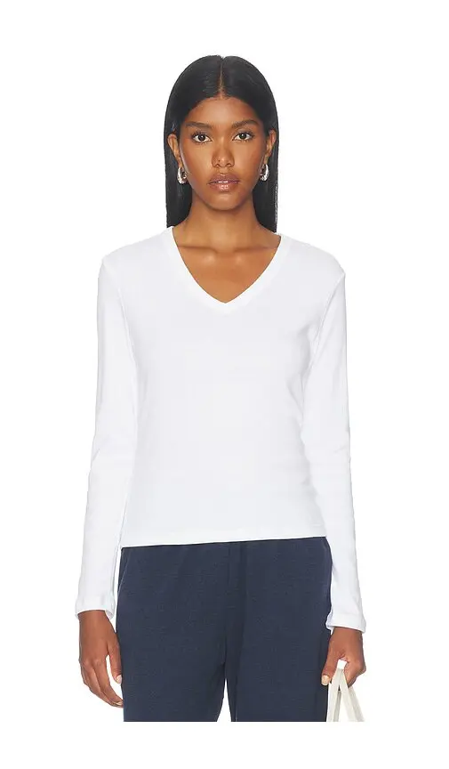 LESET Nando Slim Long Sleeve V Neck Top - White