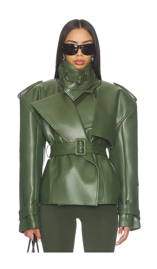 Naked Wardrobe Faux Leather Short Trench In Olive - Dark Olive