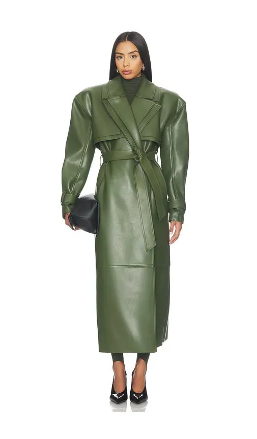 Naked Wardrobe Double Collar Faux Leather Trench Coat - Dark Olive