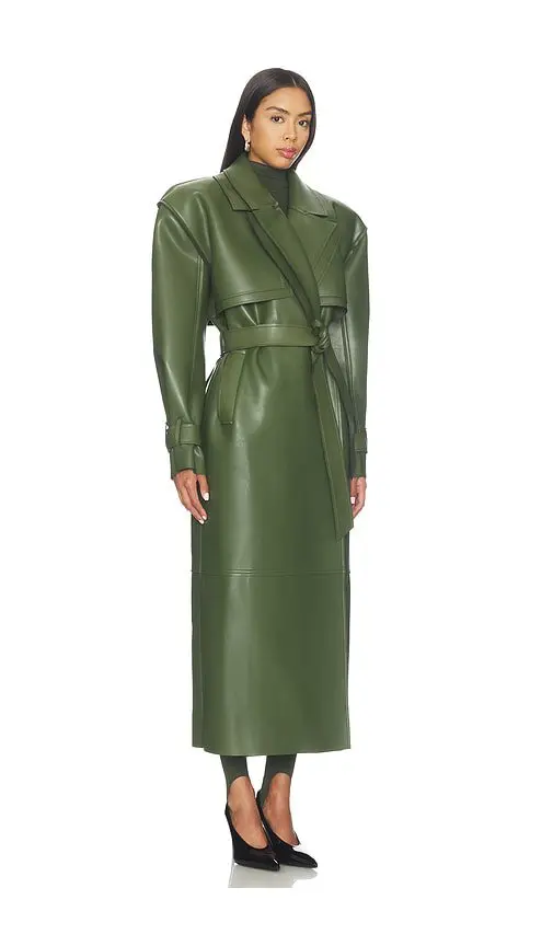 Naked Wardrobe Double Collar Faux Leather Trench Coat In Olive