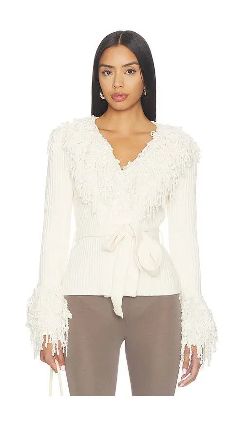 Naked Wardrobe Knit Fringe V-neck Cardigan In Beige - Bone