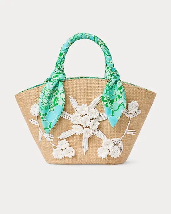 Lilly Pulitzer® Panama Straw Tote Bag With Floral Embroidery And Printed Scarf Handles - Mint