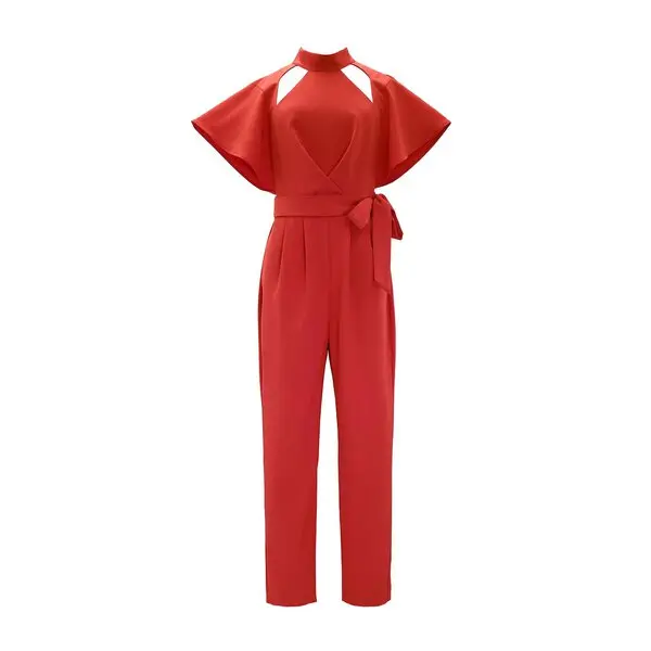 EMMA WALLACE Jade Jumpsuit With Cutout Shoulder And Fluted Sleeves - Red