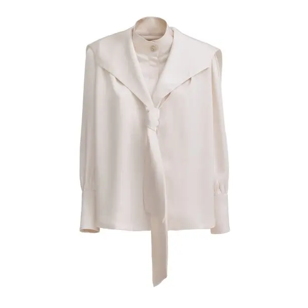 JULIA ALLERT Neutrals Satin Sailor Collar Tie Front Blouse – Ivory - White