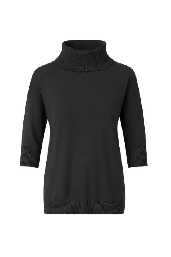 CONQUISTA Charcoal Knit Turtleneck Top With Half Sleeves - Grey