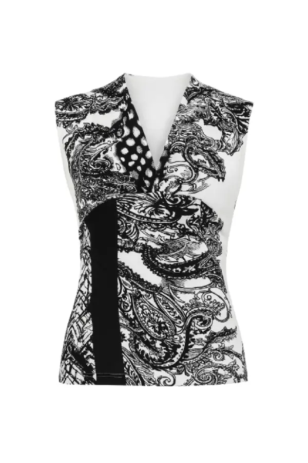 CONQUISTA Elegant & White Sleeveless Print Top - Black