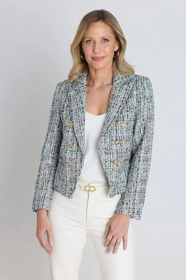 THE NOLI SHOP Gabrielle Double Breasted Tweed Blazer - Teal Multi