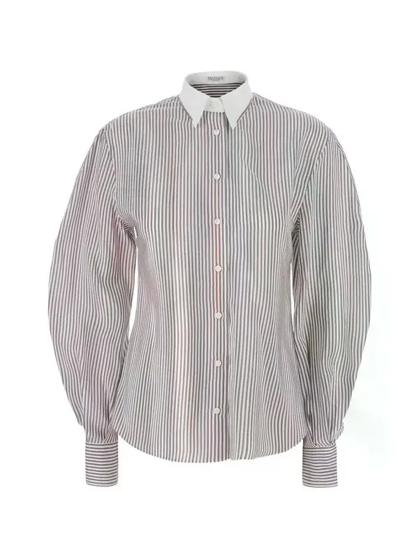 Brunello Cucinelli Striped Silk Shirt With Monili Trim Collar - Grey