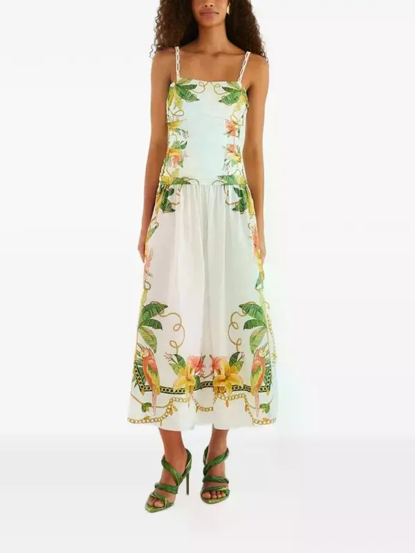 Farm Rio Tropical-print Spaghetti-strap Midi Dress - Neutrals