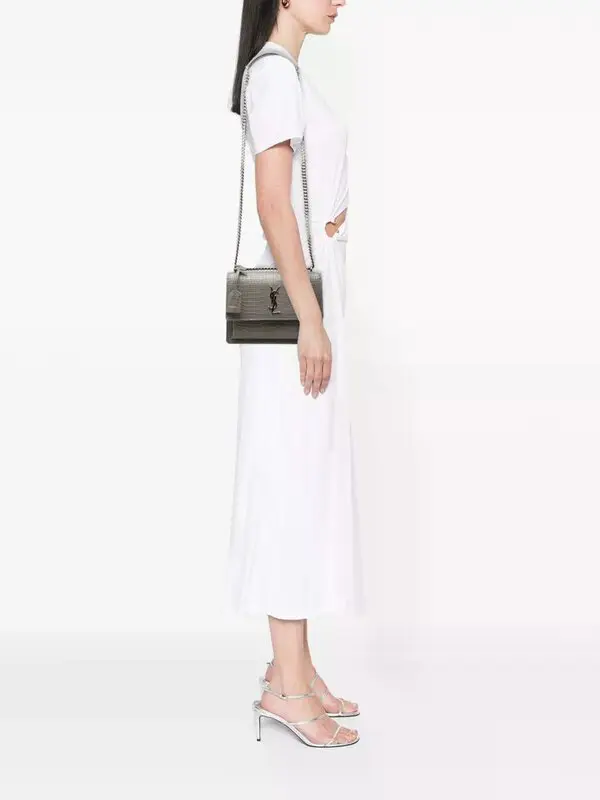Saint Laurent 2018 Medium Croc Embossed Leather Monogram Sunset Crossbody Bag - Grey