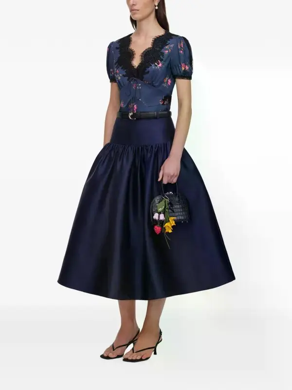 SELF-PORTRAIT Navy Taffeta Midi Skirt - Blue
