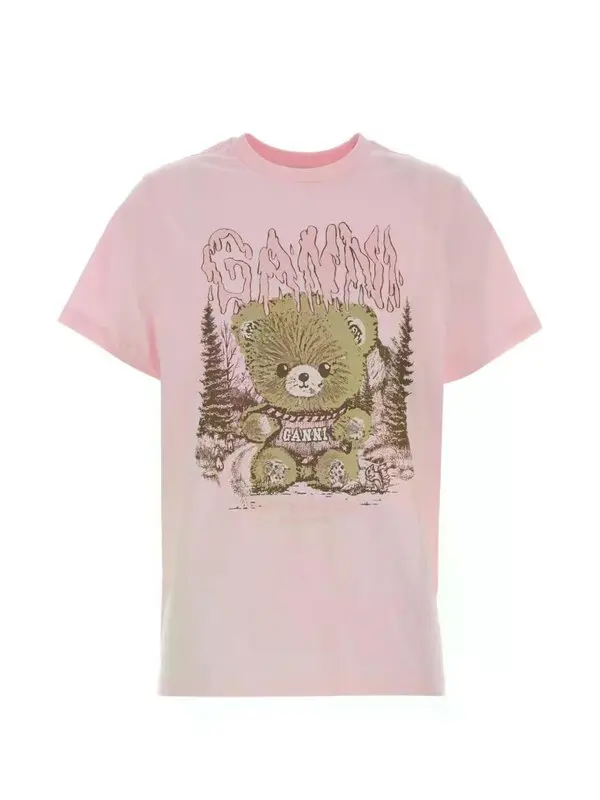 GANNI Teddy-print Cotton T-shirt - Pink