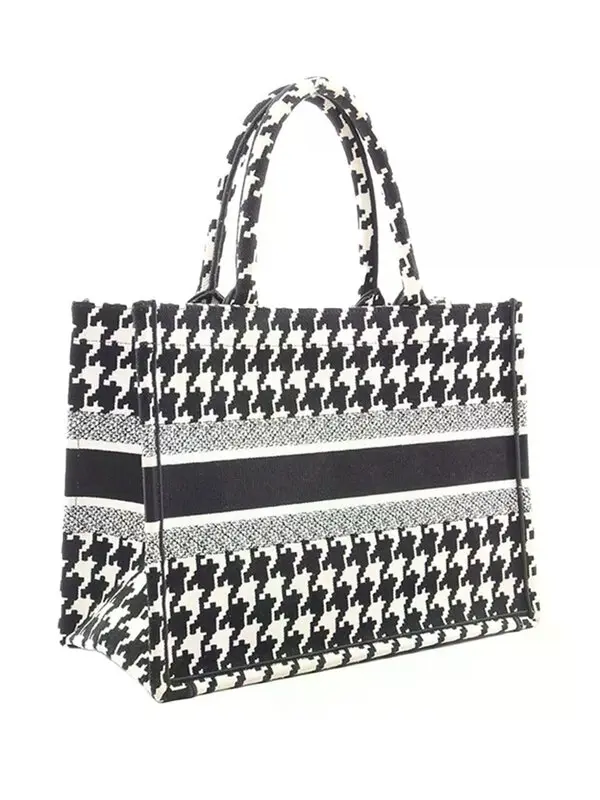 Dior 2000-2026 Medium Canvas Houndstooth Embroidered Book Tote Bag - Black
