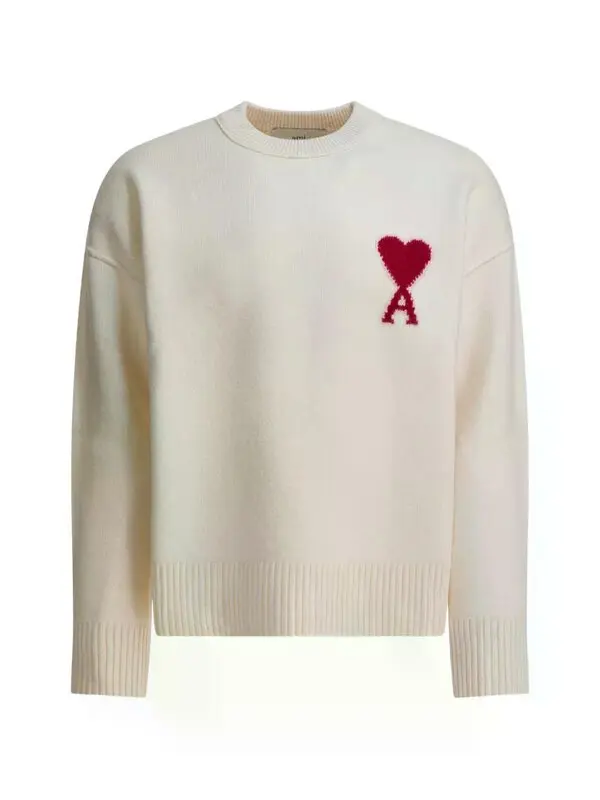 AMI Paris Natural Crewneck Wool Sweater With De Coeur - Neutrals
