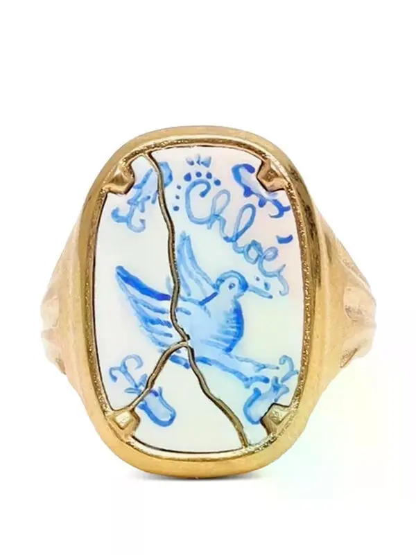 Chloé Hummingbird Ceramic Inlay Signet Ring - Gold