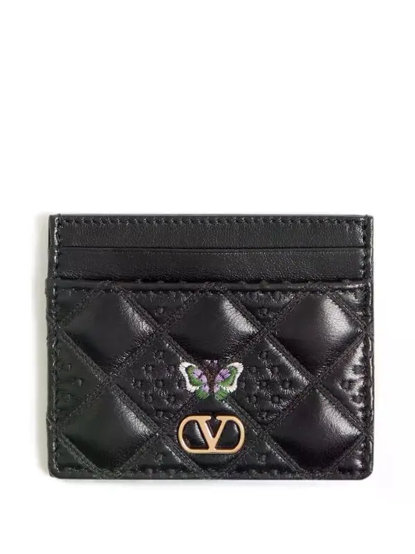 Valentino Garavani Flutterby Cardholder In Shiny Nappa Leather With Butterfly Embroidery - Black