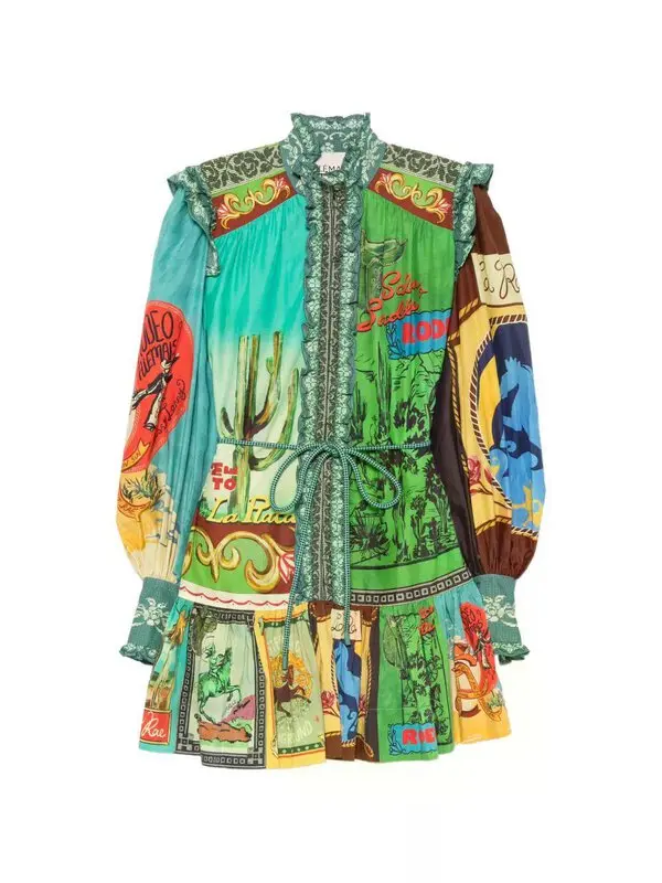 ALEMAIS Ace Ruffled Graphic-print Mini Dress - Green