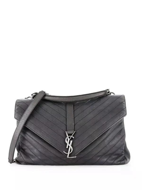 Saint Laurent Classic Monogram College Bag Matelasse Chevron Leather Large Shoulder Bag - Grey