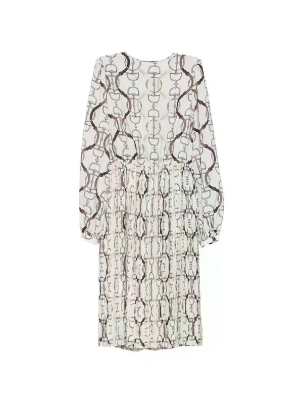 Eleventy Horsebit Print Pleated Midi Dress - Neutrals