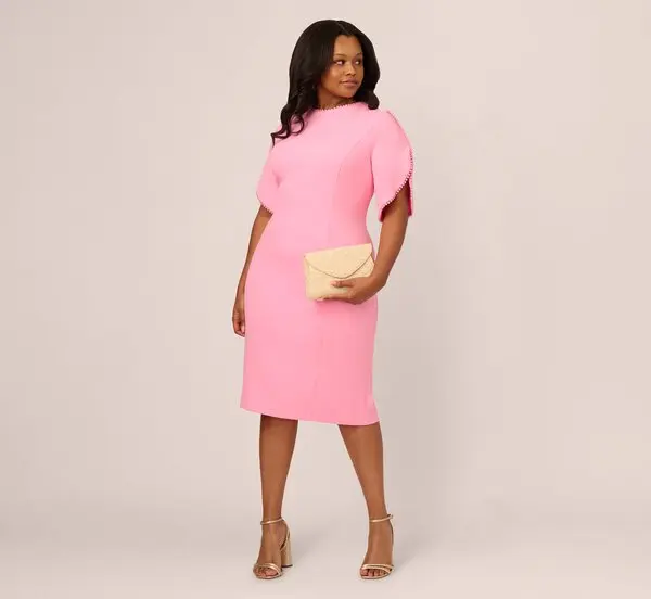 Adrianna Papell Crepe Midi Sheath Dress With Pearly Trim - Cherry Blossom