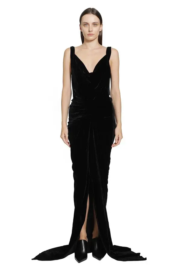 Rick Owens Velvet Maxi Dress With Deep V-neckline And Gathered Detailing