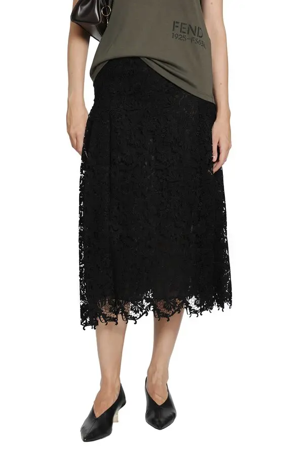 Fendi Macramé Lace Flared Midi Skirt - Black