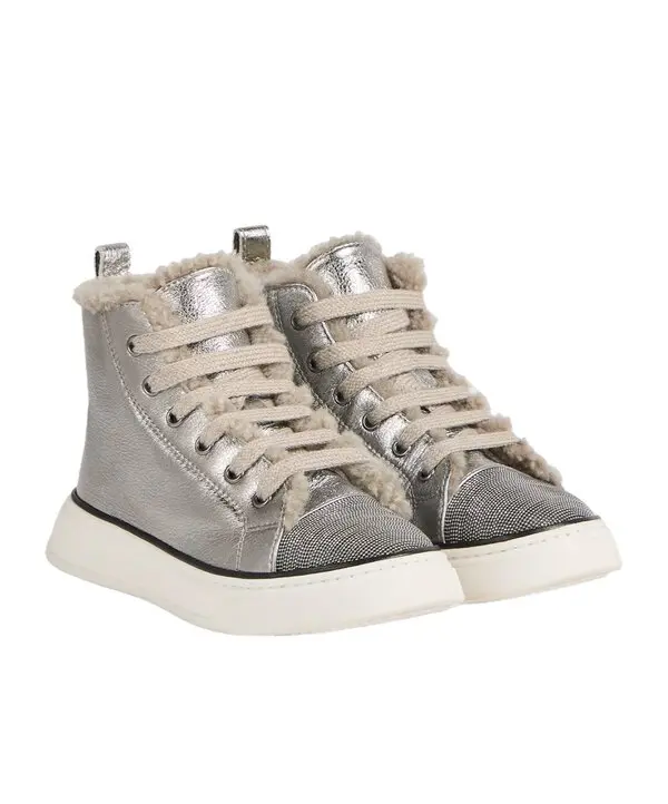 Brunello Cucinelli Monili-detail Shearling Trim High Top Sneakers - Silver