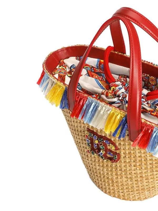 Dolce & Gabbana Raffia Coffa Bag With Embroidered Patch And Fringed Trim