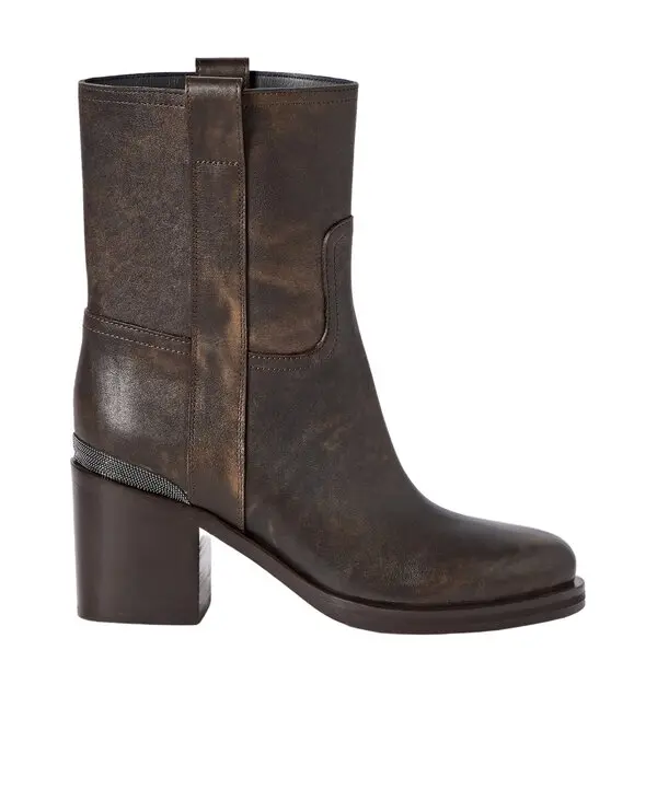 Brunello Cucinelli Leather Ankle Boots With Embellished Detail - Rust-brown
