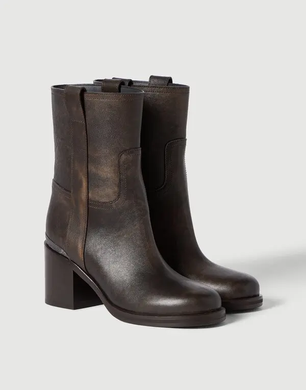 Brunello Cucinelli Leather Ankle Boots With Embellished Detail - Rust-brown