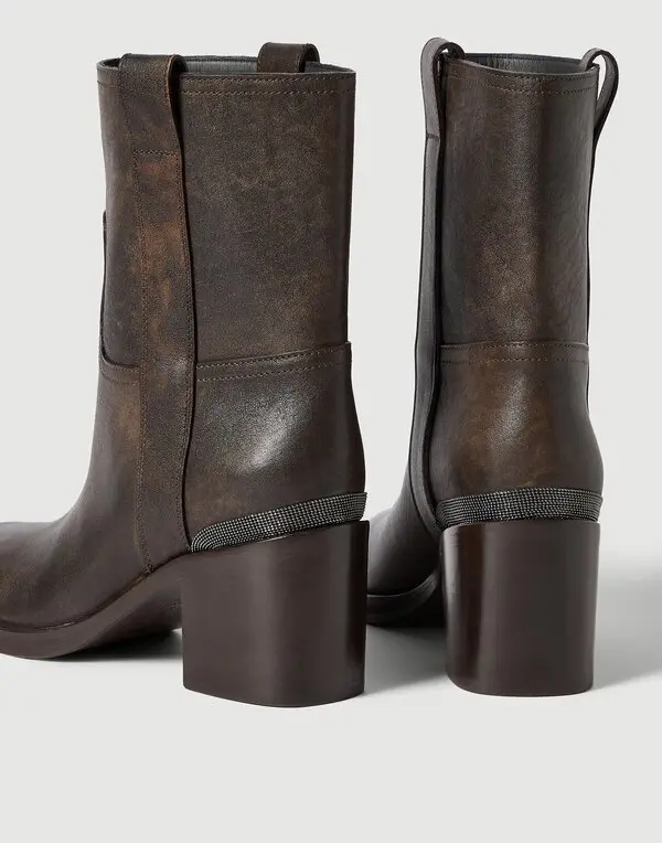 Brunello Cucinelli Leather Ankle Boots With Embellished Detail - Rust-brown
