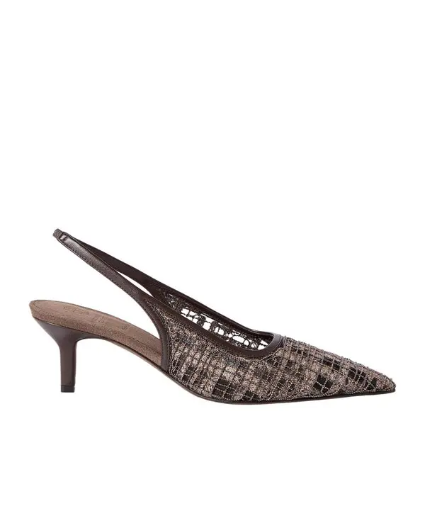 Brunello Cucinelli Suede City Heels With Precious Check Embroidery - Rust-brown
