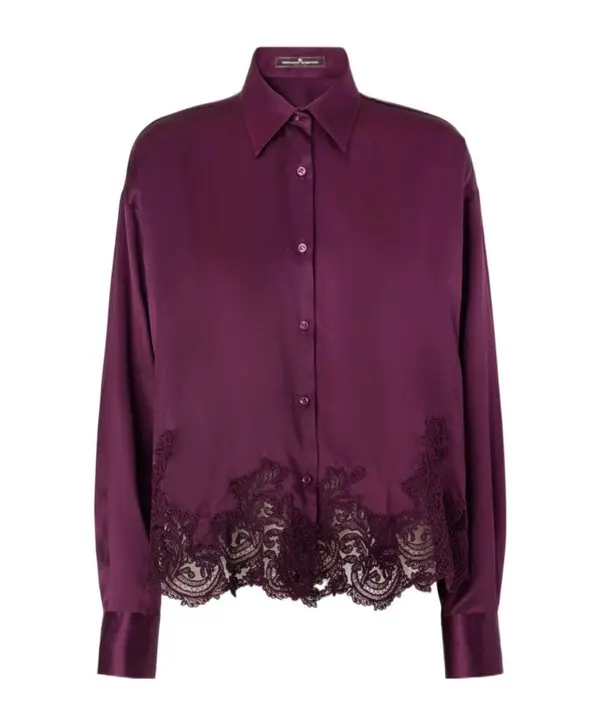 Ermanno Scervino Boxy Silk Satin Shirt With Lace Hem Detail - Red